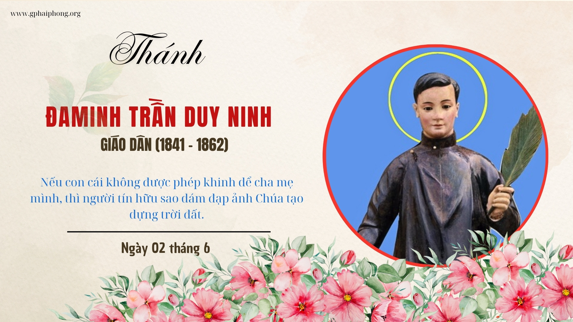 Thánh Đaminh Trần Duy Ninh, tử đạo ngày 02 tháng 6 năm 1862 | Giáo Phận Hải Phòng